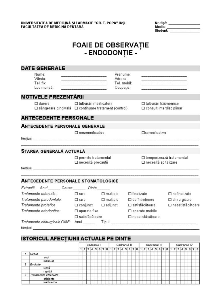 Fisa de Observatie Endodontie - Model