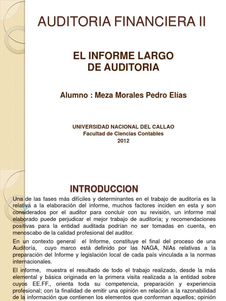 Presentación de Informe Largo de Auditoría (PMeza) | PDF | Auditoría financiera | Contralor