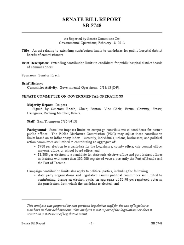 Senate Bill Report SB 5748 - 1 | PDF | Political Action Committee ...