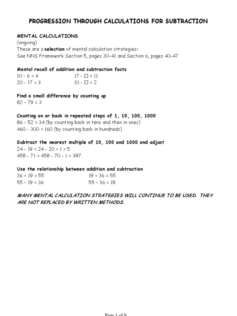 Subtraction Calculation Strategies Guide | PDF | Subtraction | Arithmetic