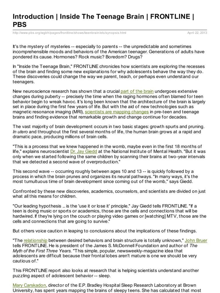 Introduction Inside The Teenage Brain FRONTLINE PBS | PDF | Adolescence ...