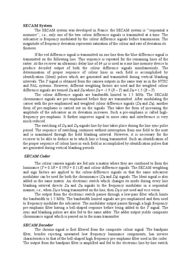 SECAM System: and D Where D | PDF | Cathode Ray Tube | Electronics