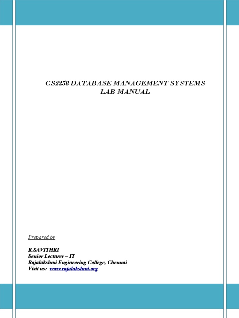 Cs2258 Database Management Systems Lab Manual: Prepared by | PDF | Sql | Relational Database