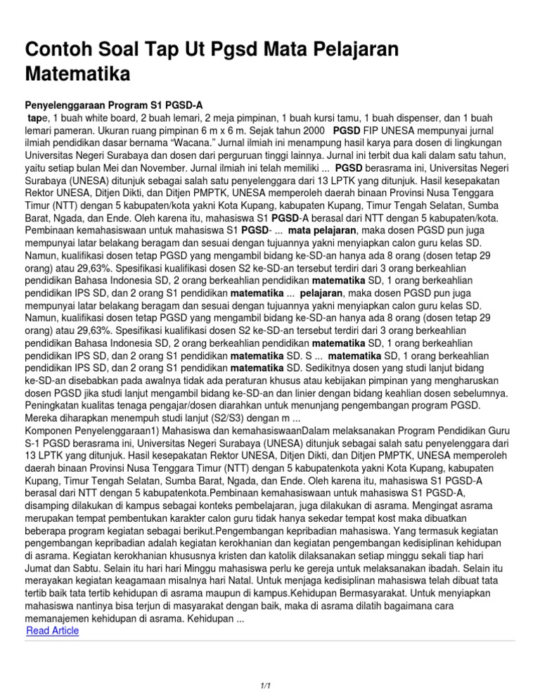 Contoh Soal Tap Ut PGSD Mata Pelajaran Matematika | PDF