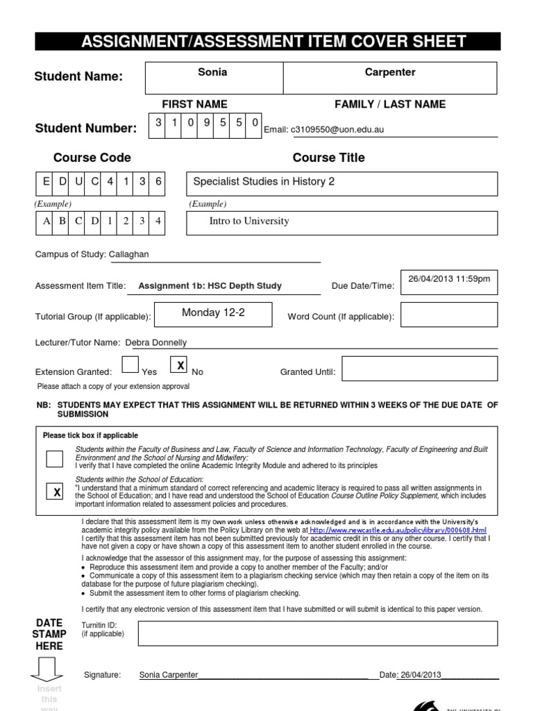 Assignment/Assessment Item Cover Sheet: Student Name | PDF | Julius ...