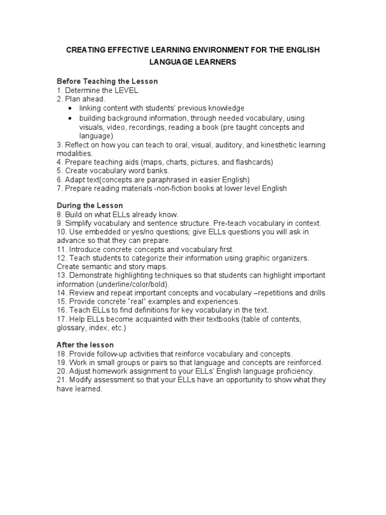 Creating Effective Learning Environment For The English Language ...