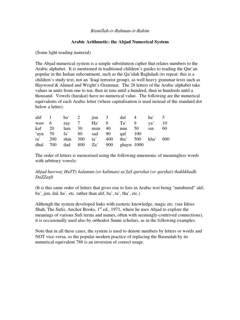 Arabic Arithmetic The Abjad Numerical System | PDF | Monotheistic ...