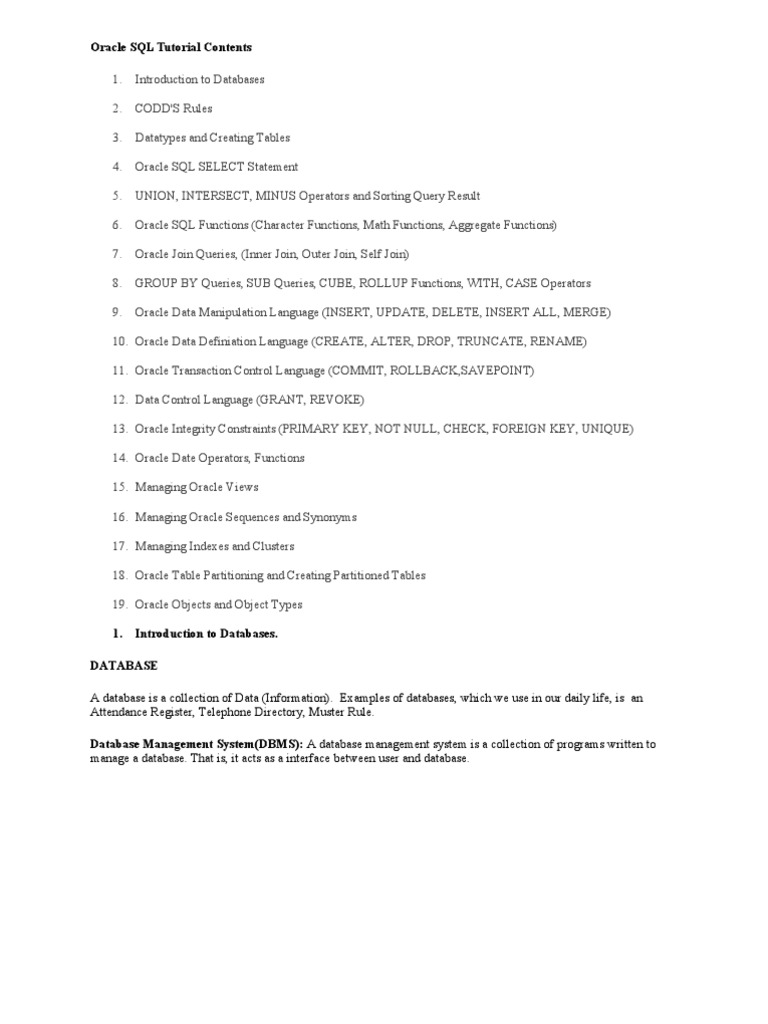 Oracle SQL Tutorial - Docvvdg | PDF | Relational Database | Databases
