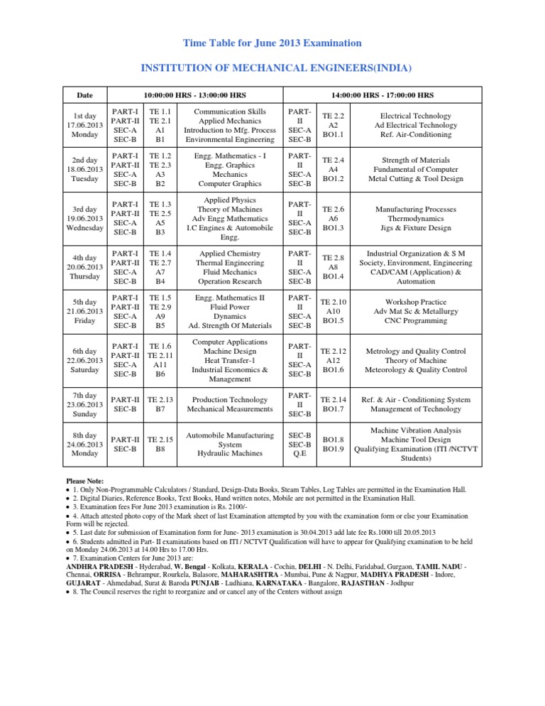 Time Table For June 2013 Examination | PDF | Machines | Mechanical ...