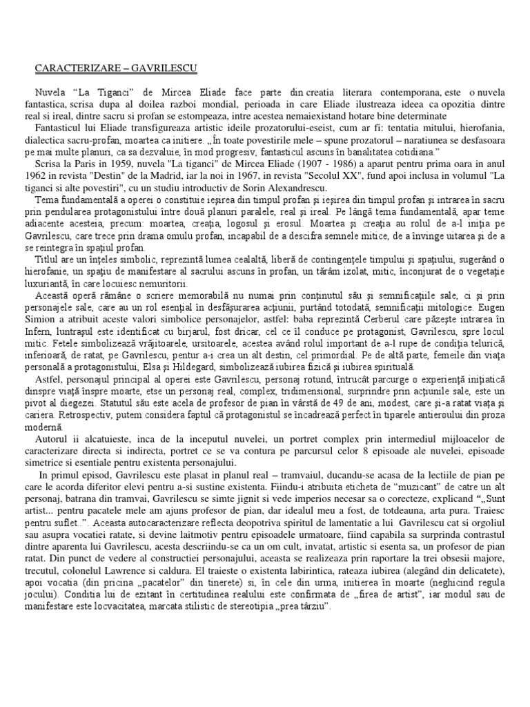 Caracterizare Gavrilescu - La Tiganci de Mircea Eliade | PDF