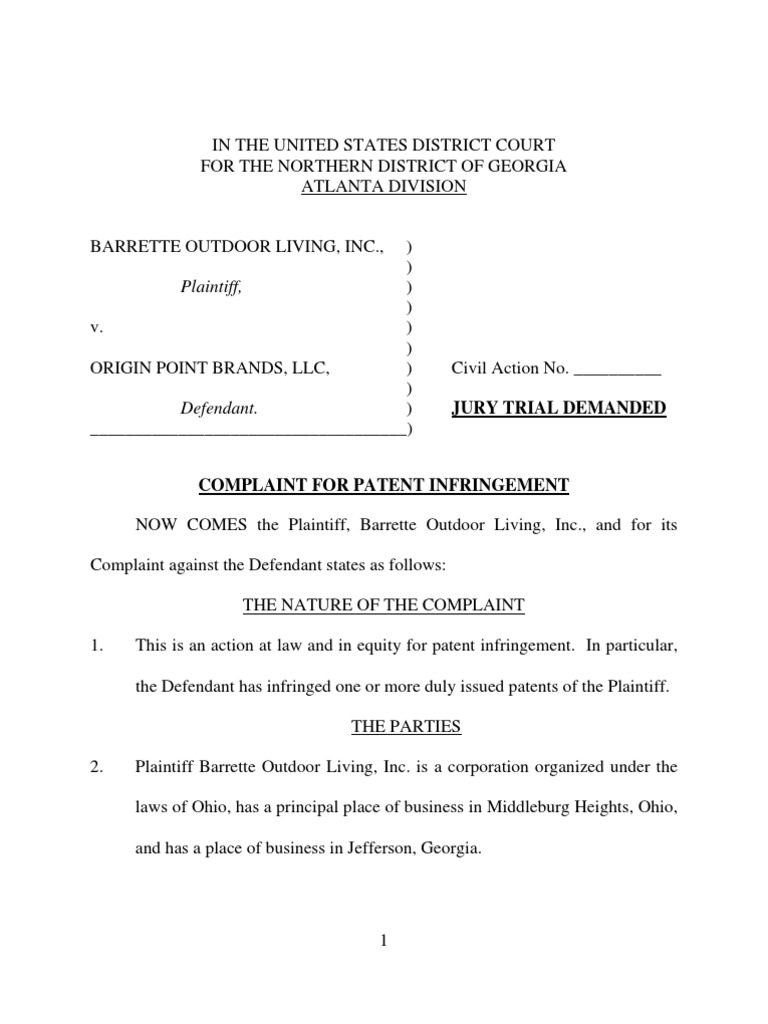 Barrette vs. Origin Point Patent Case | PDF | Injunction | Patent