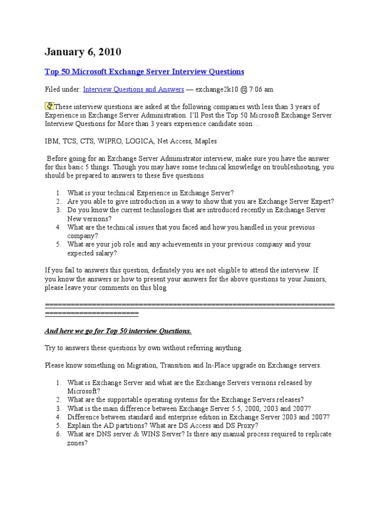 Top 50 Microsoft Exchange Server Interview Questions | PDF | Microsoft ...