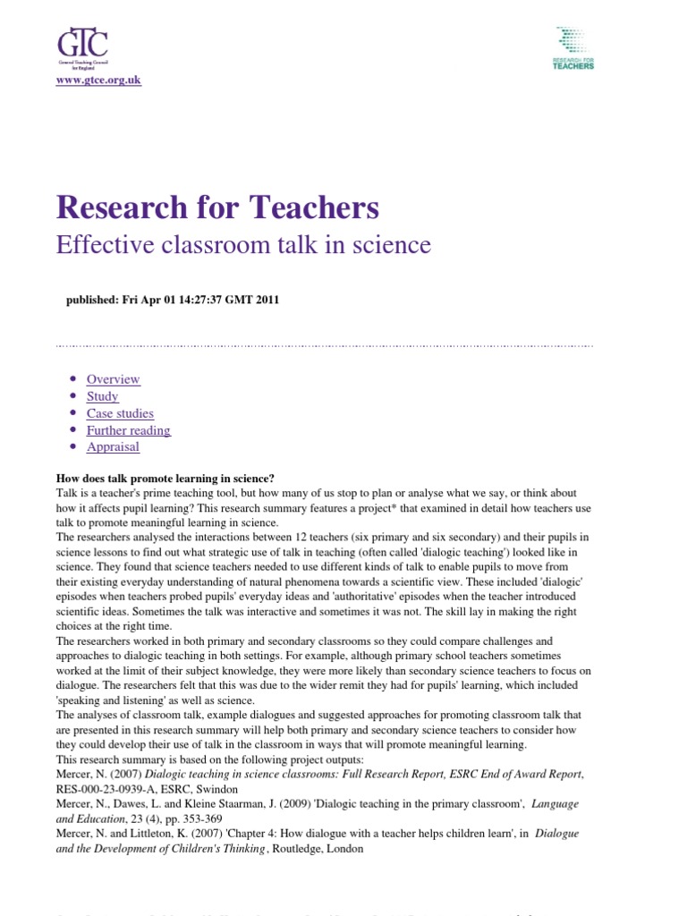 Dialogic Teaching in Science Classrooms | PDF | Teachers | Learning