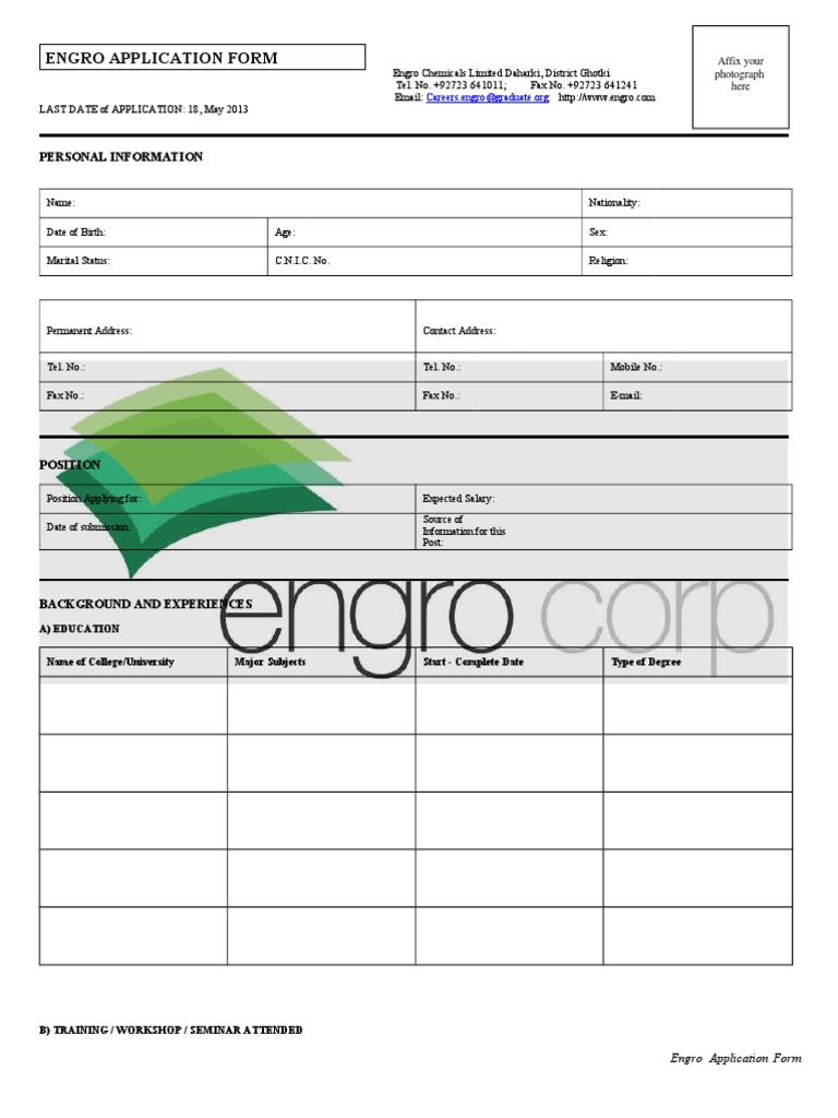 Engro Application Form: Personal Information | PDF | Employee Benefits ...