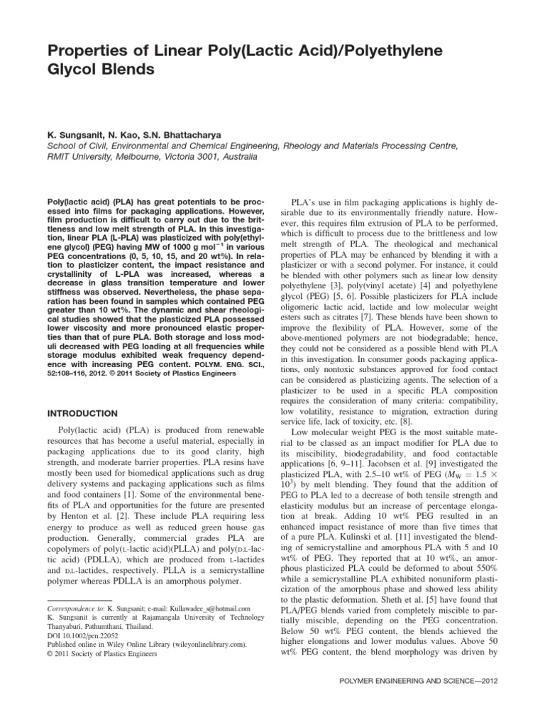 Properties of Linear Poly (Lactic Acid) /polyethylene Glycol Blends | PDF | Differential ...