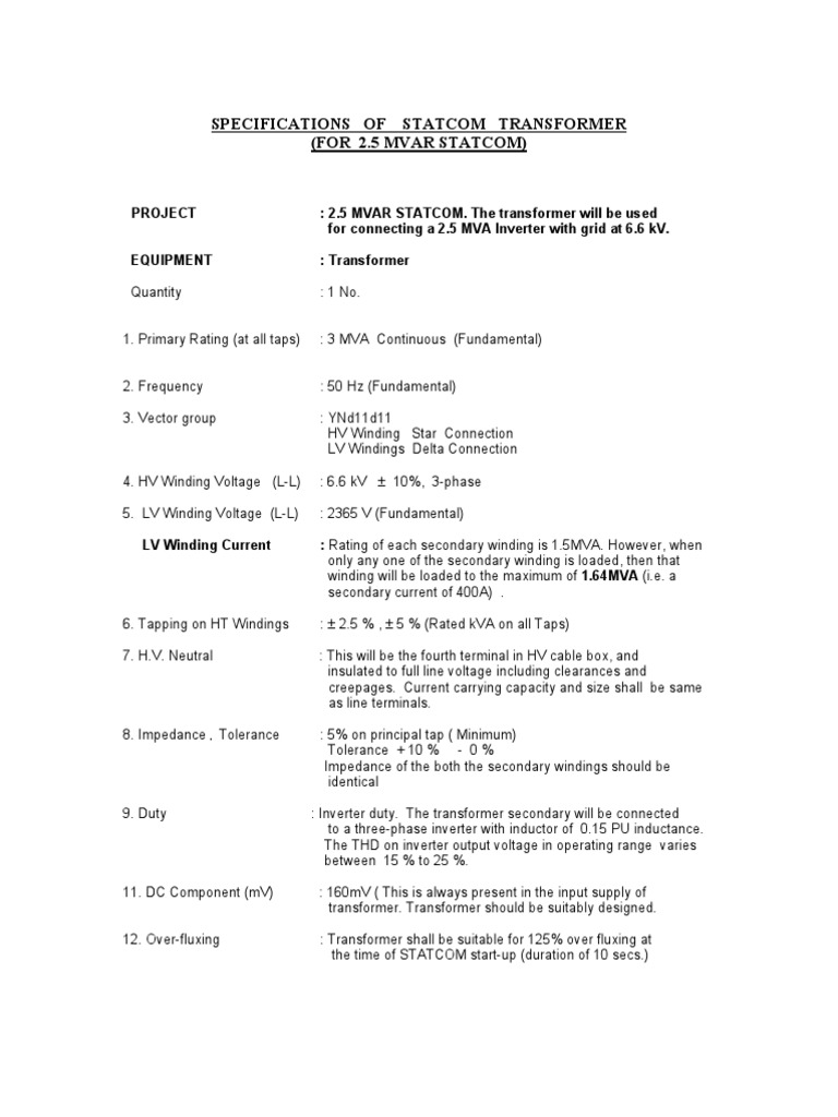 Specification For 3 MVA Transformer | PDF | Transformer | Insulator ...