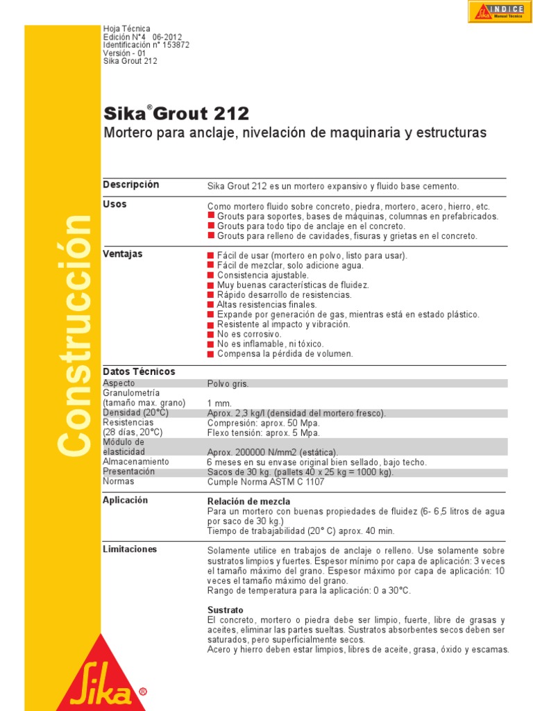 Sika Grout 212 PDS | Descargar gratis PDF | Acero | Agua