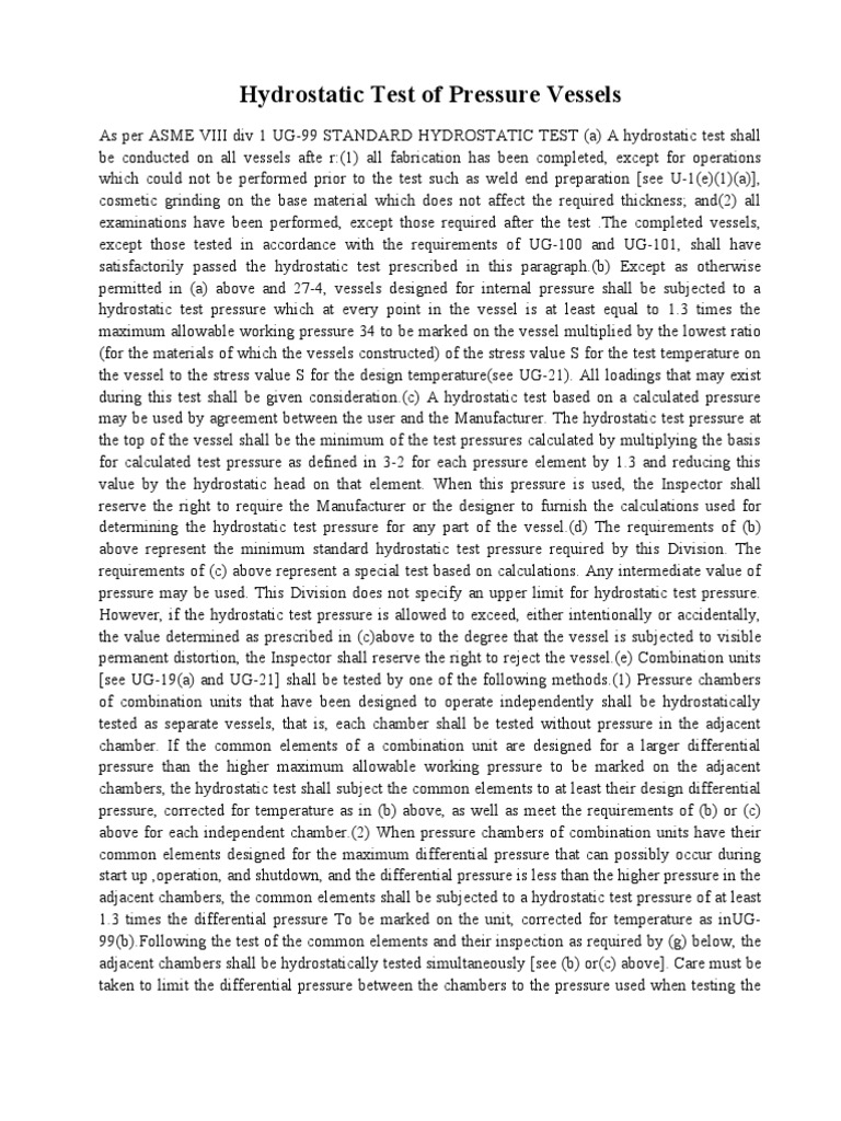 Hydrostatic Test of Pressure Vessels | PDF | Leak | Pressure
