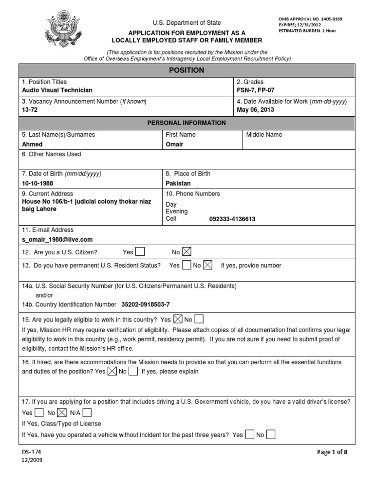 Form DS-174 | Diploma | Social Security Number