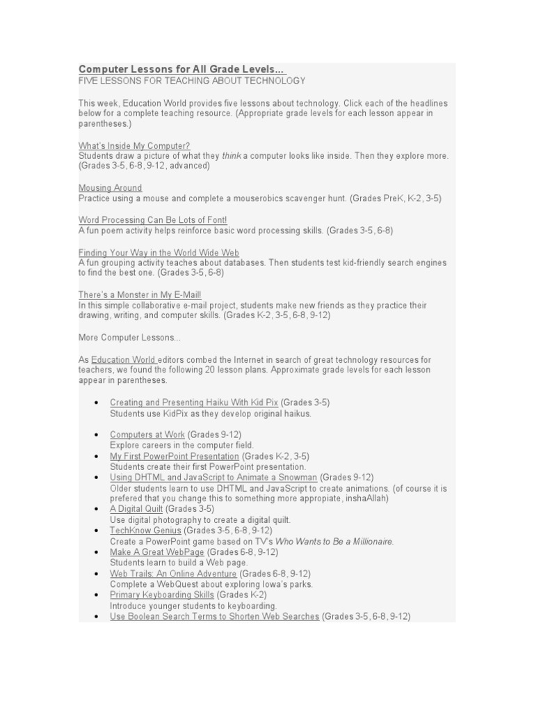 Computer Lessons For All Grade Levels-Print Out | PDF | Dynamic Html ...