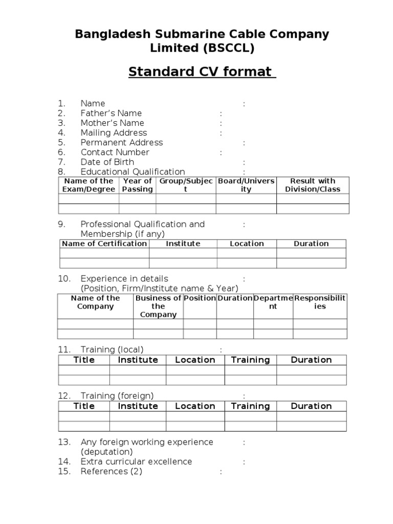 BSCCL Standard CV Format Guide | PDF
