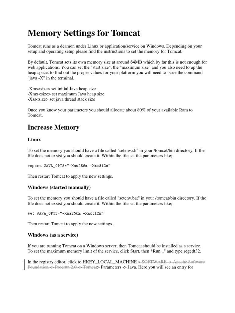Memory Settings For Tomcat Pdf Java Programming Language