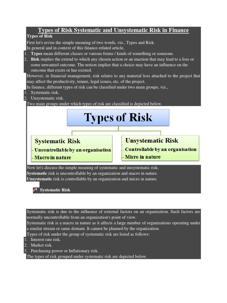 Types of Risk Systematic and Unsystematic Risk in Finance | PDF ...