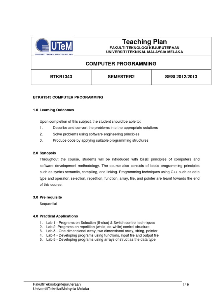 BTKR 1343 Computer Programming | PDF | C++ | Computer Programming