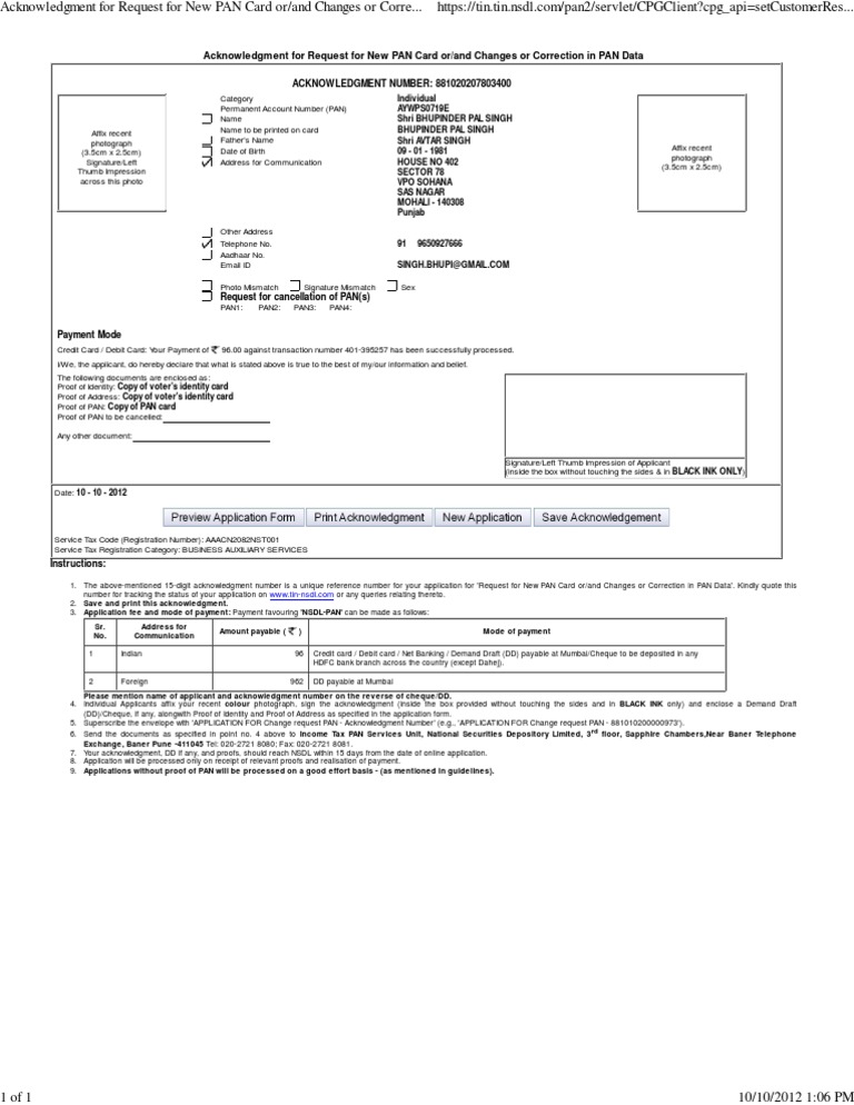 Acknowledgment For Request For New PAN Card PDF | PDF | Identity ...