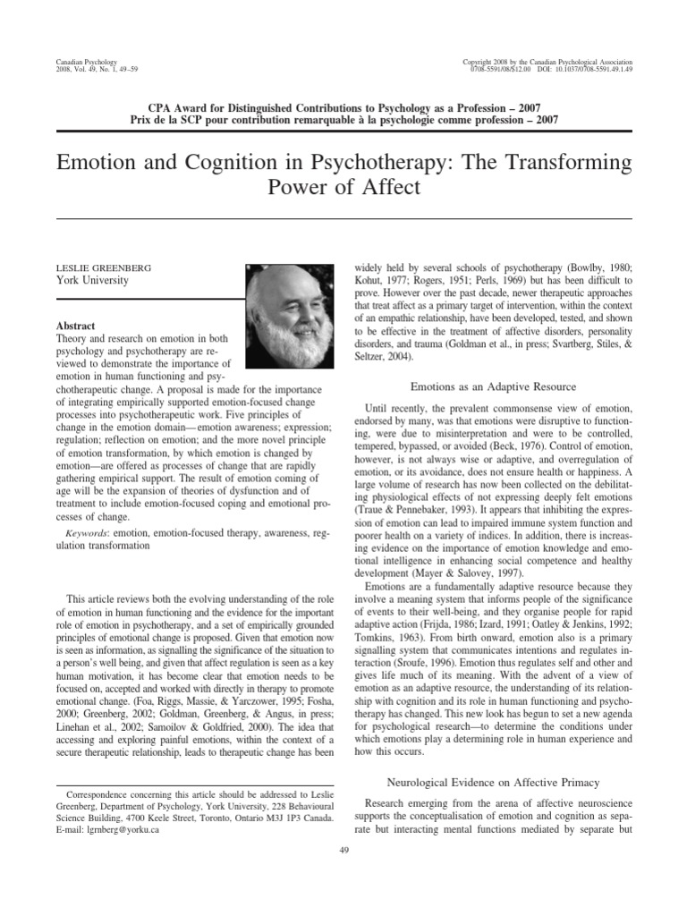 Greenberg, Emotion and Cognition | PDF | Psychotherapy | Cognitive ...