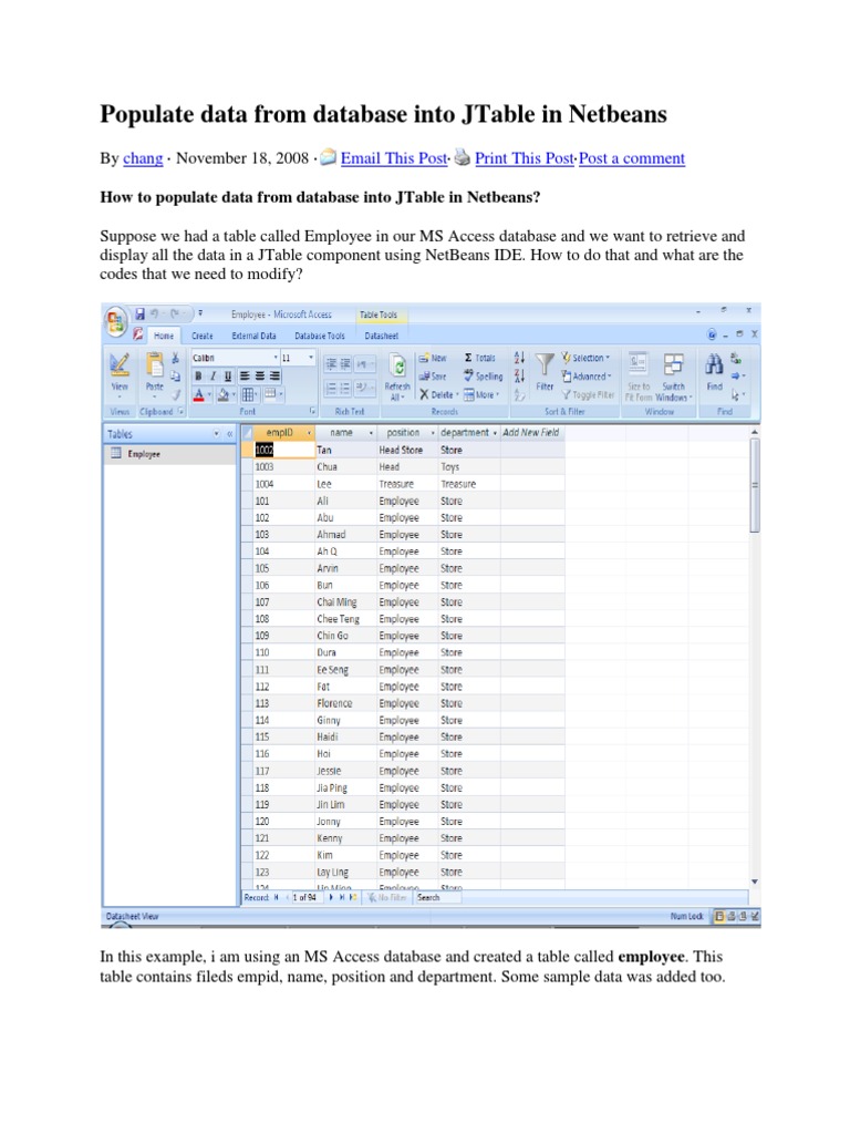 Populate Data From Database Into JTable in Netbeans | PDF | Microsoft Access | Net Beans