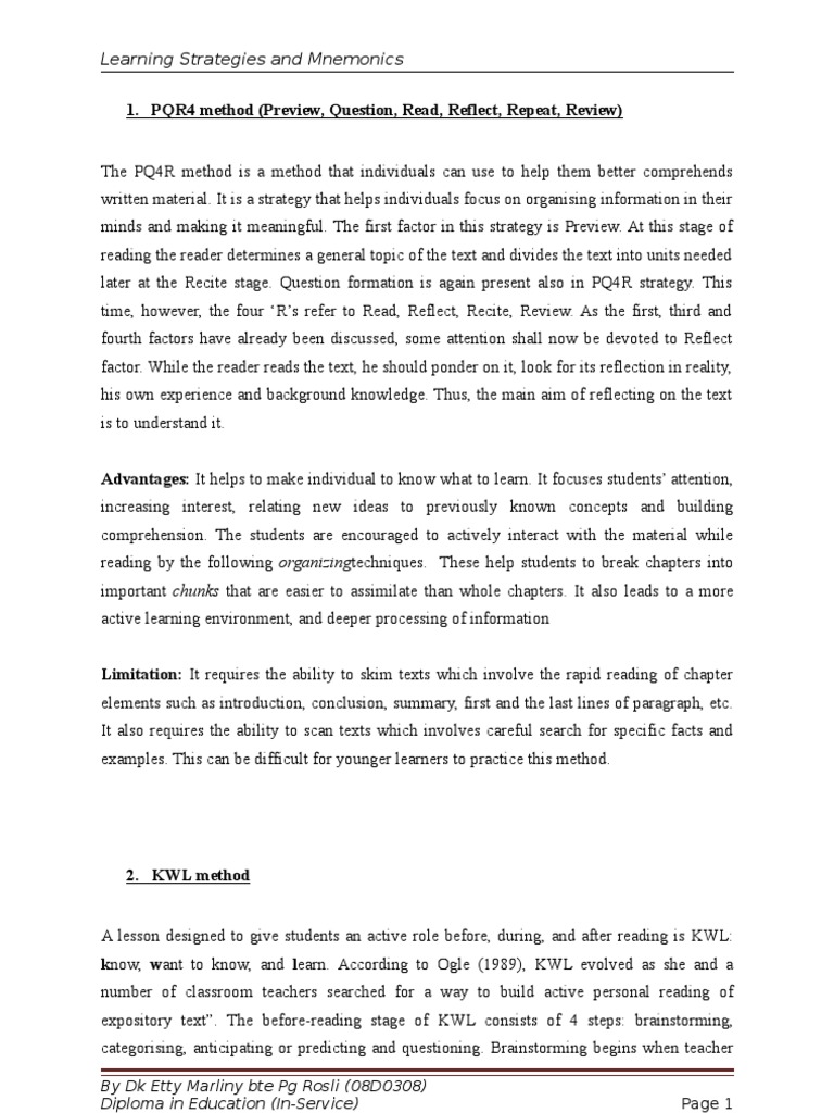 PQR4 Method | PDF | Recall (Memory) | Mnemonic