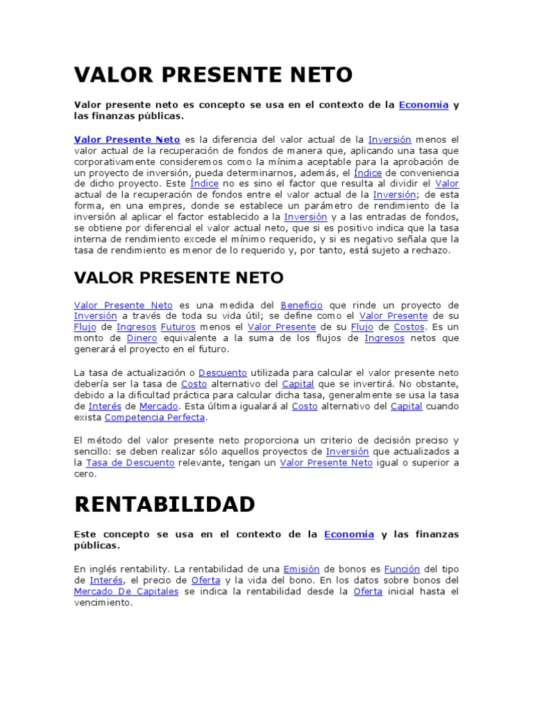Valor Presente Neto y Rentabilidad | PDF | Valor presente neto | Interés