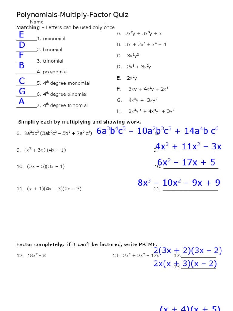 Polynomial Operations Factoring Multiplying And Solving Word