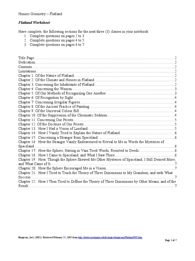 Honors Geometry – Flatland Worksheet Summary | PDF | Flatland | Triangle