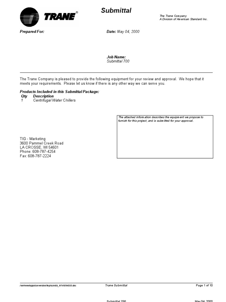 Trane Submittal CVGF 650 | Gas Compressor | Pipe (Fluid Conveyance)