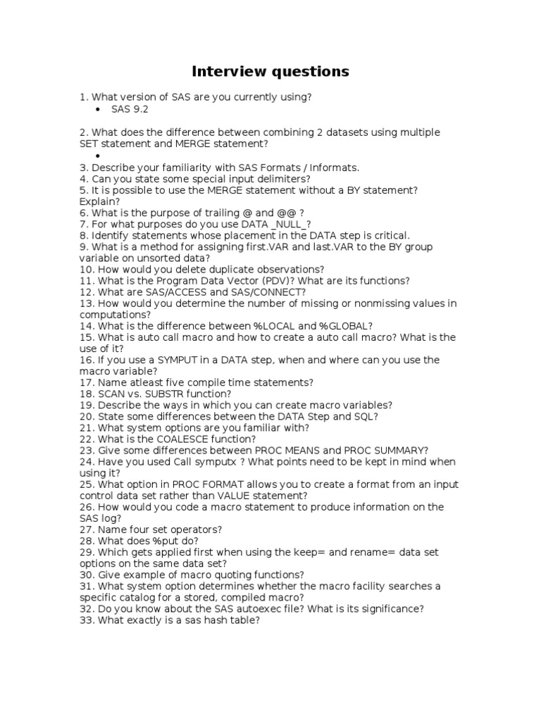 Sas Interview Questions Pdf Sas Software Parameter Computer 8012