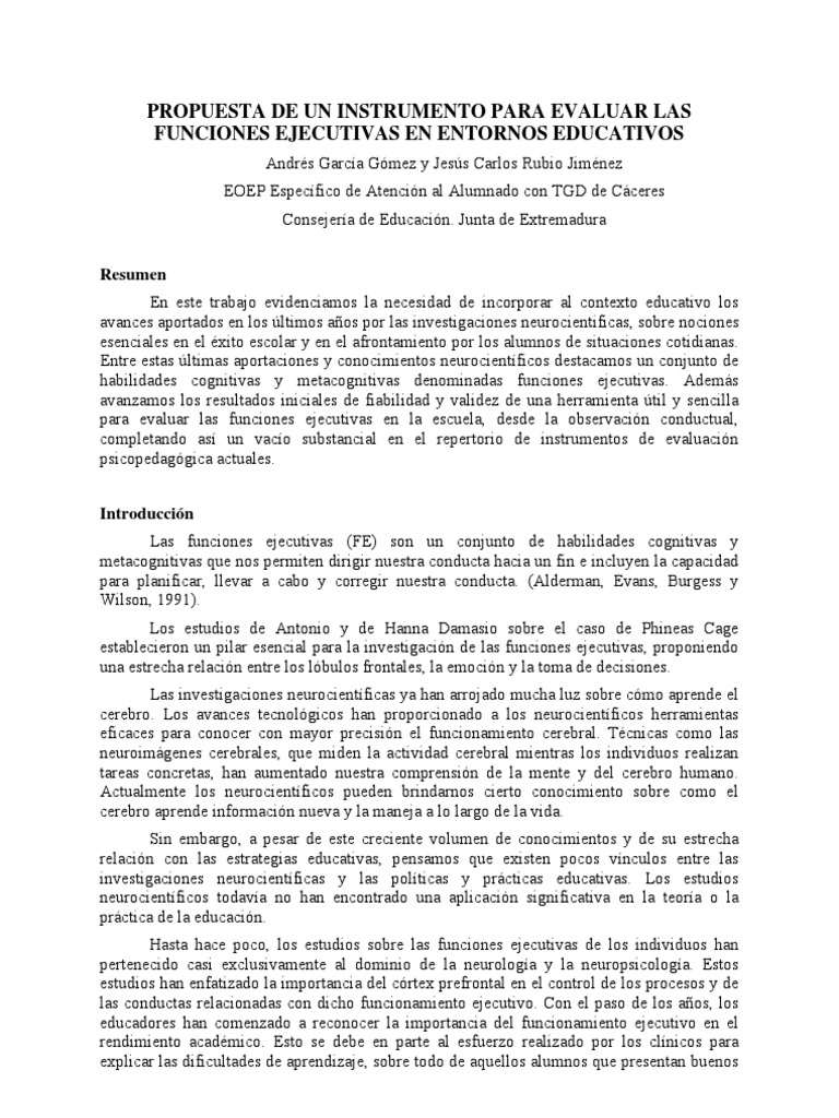 Evaluación de Funciones Ejecutivas Educativas | PDF | Validez ...