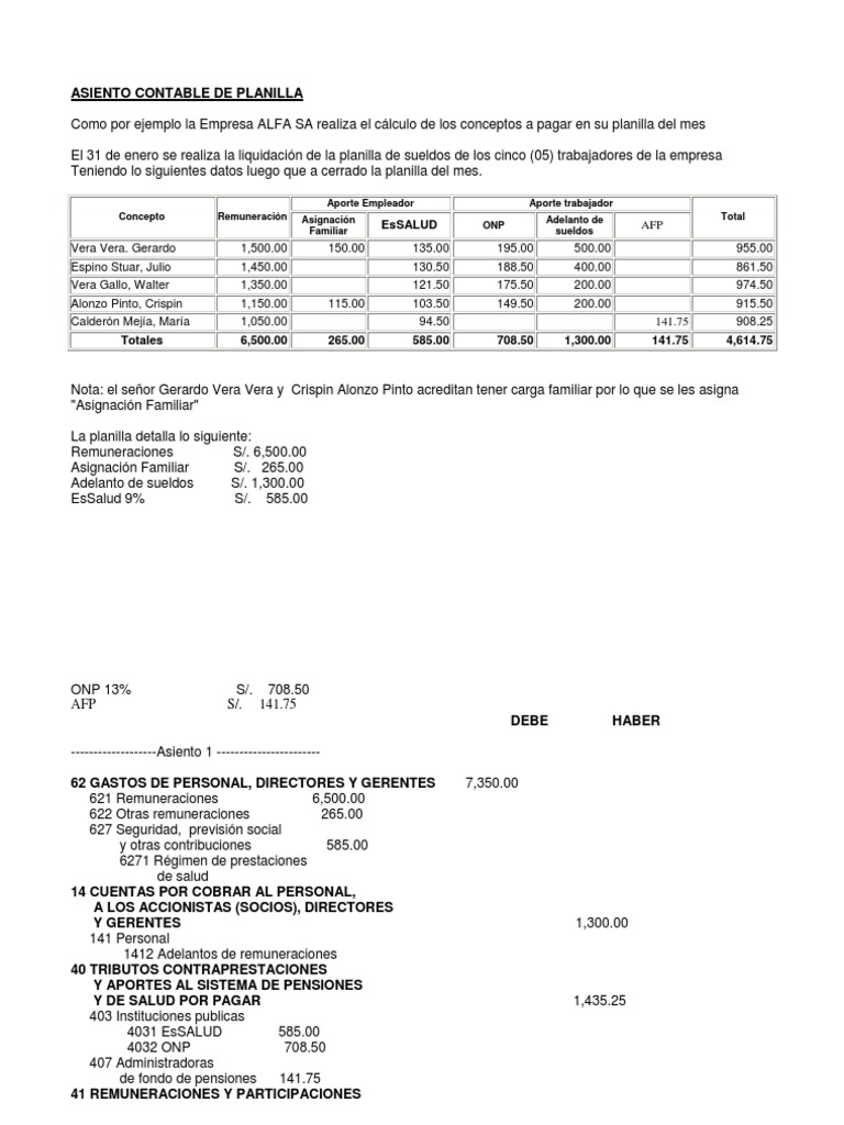 Asiento Contable de Planilla | PDF | Contabilidad | Economias