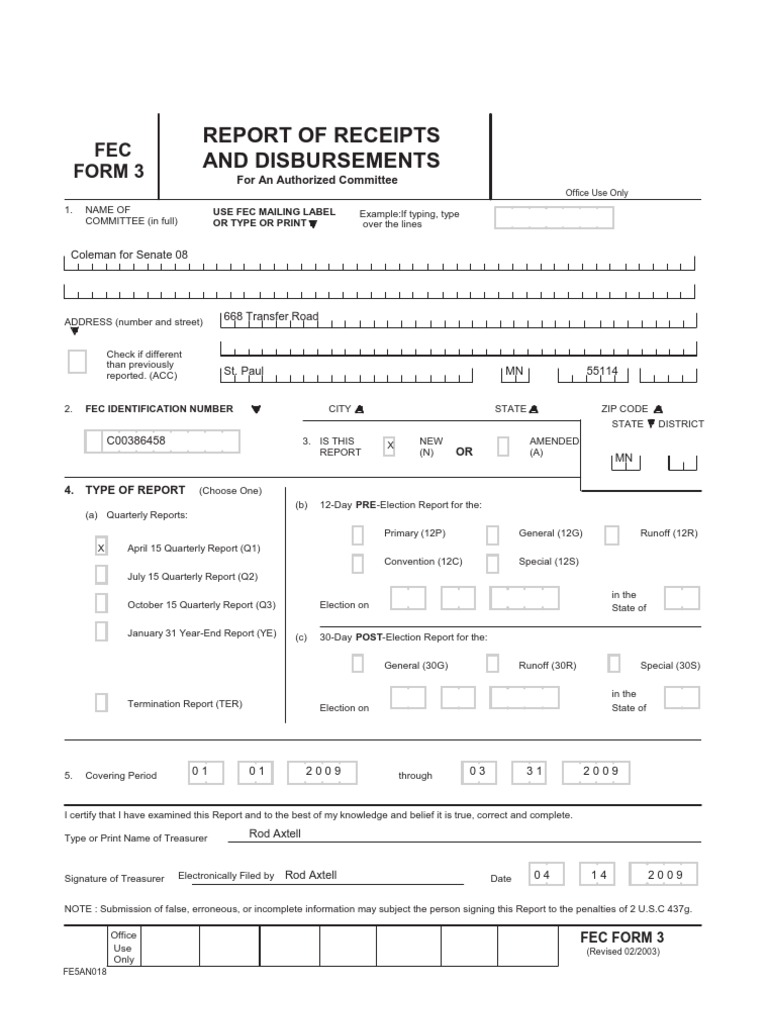 Report of Receipts and Disbursements: FEC Form 3 | PDF | Political ...
