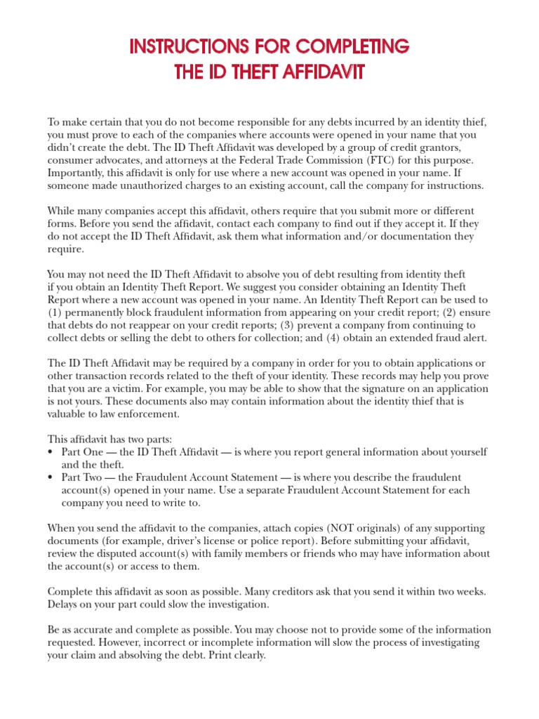 Instructions For Completing The Id Theft Affidavit | PDF