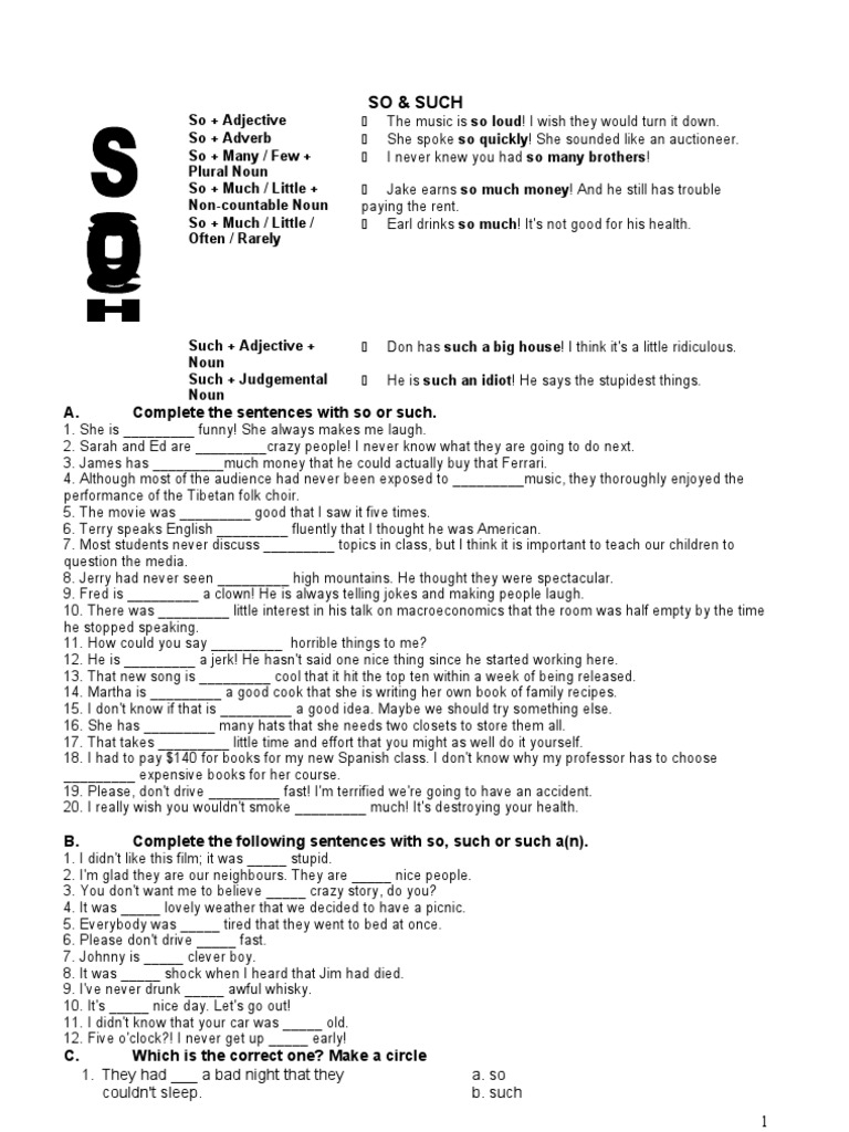 "So vs. Such: Grammar Exercise Guide" | PDF | Languages