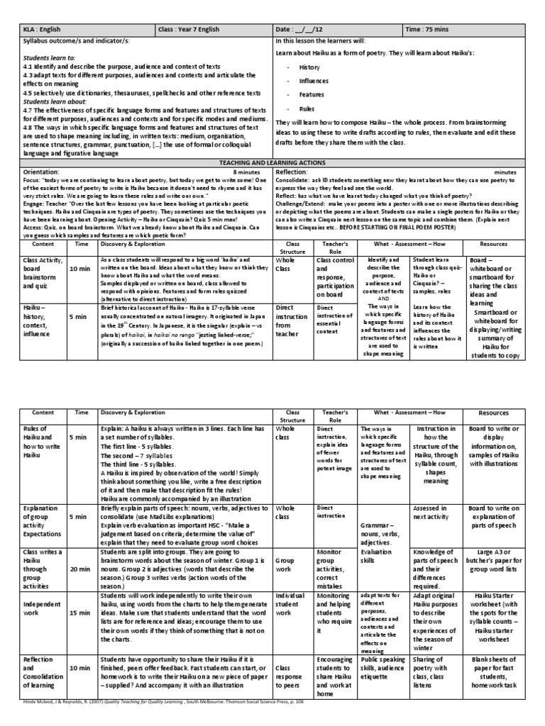 Year 7 Haiku Poetry Lesson Plan | PDF | Haiku | Poetry