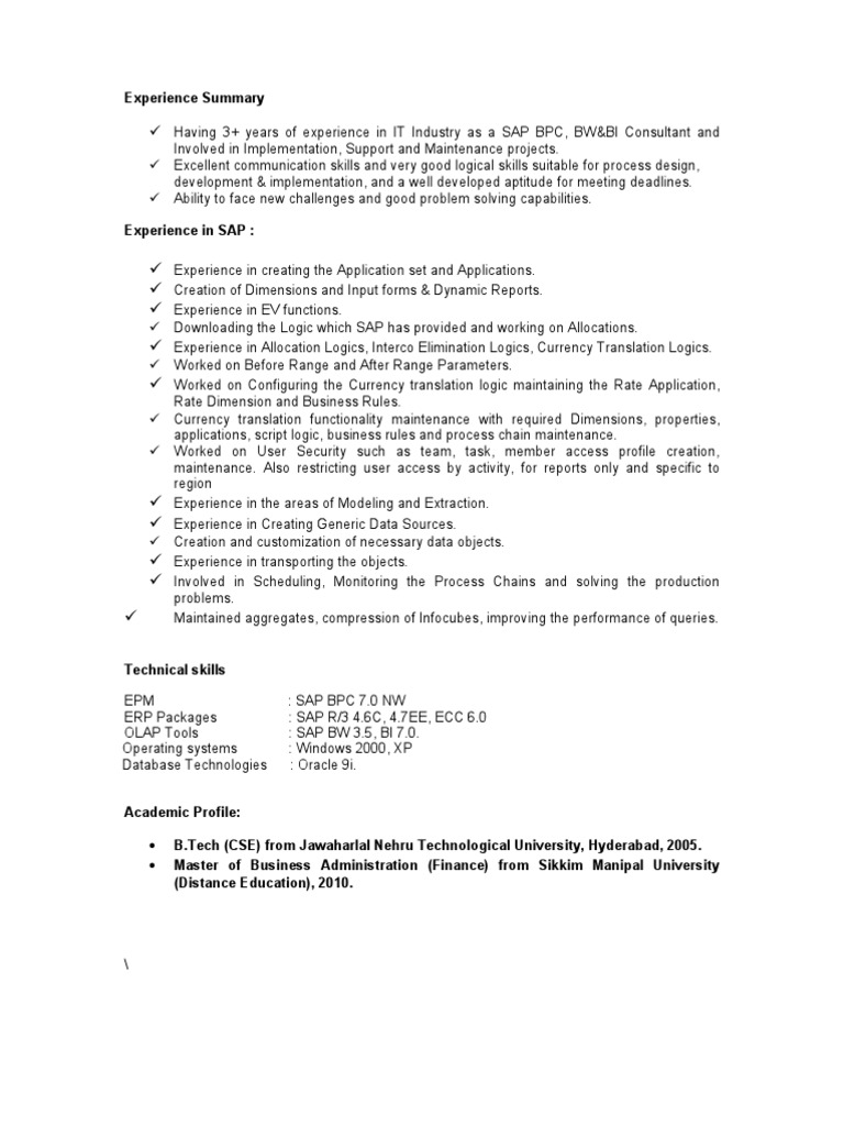 Sap BPC Sample Resume | PDF | Sap Se | Databases