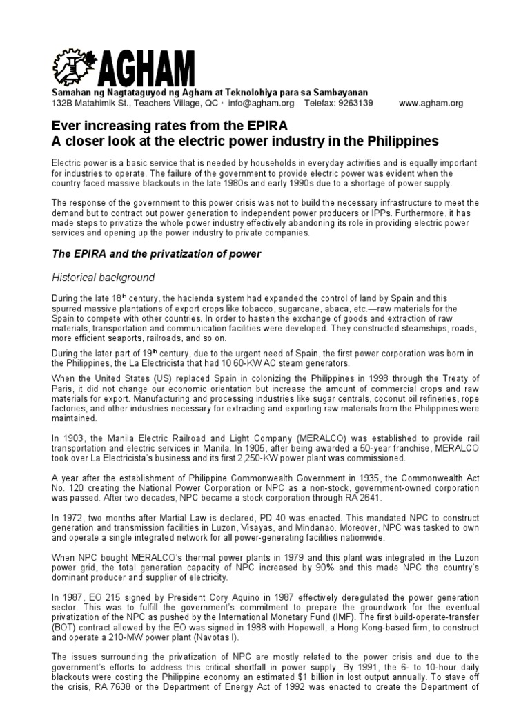 EPIRA's Impact on Philippine Power Industry | PDF | Kilowatt Hour ...