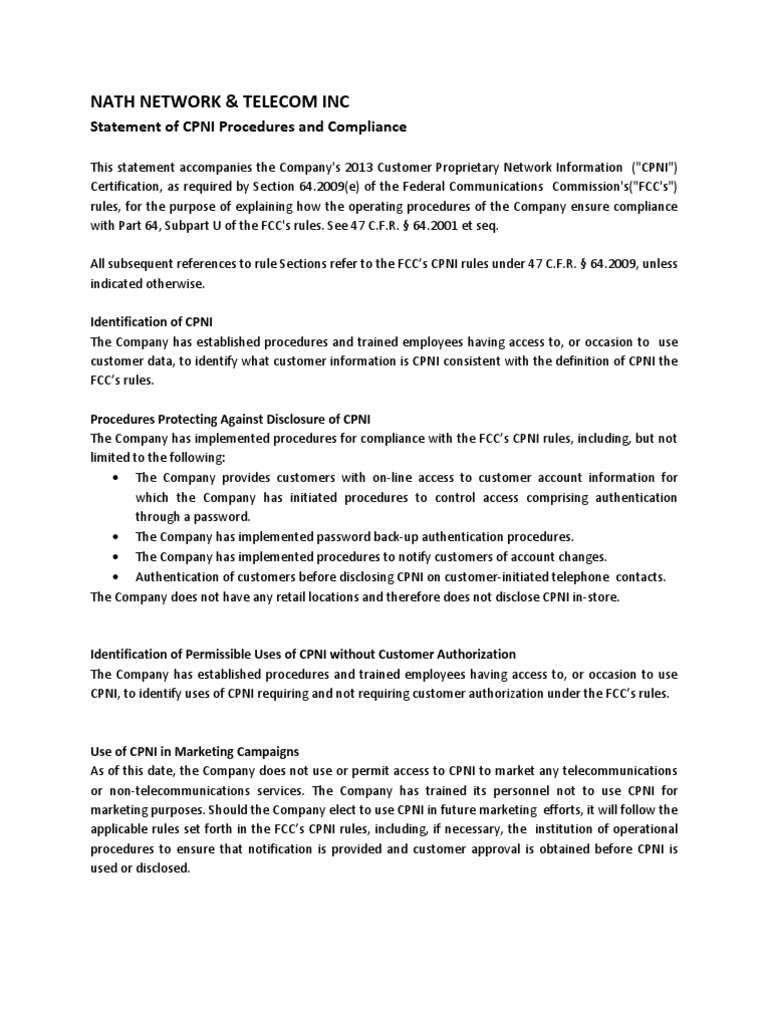 Nath Network Cpni | PDF | Federal Communications Commission | Customer ...