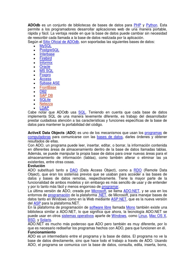 ADOdb y ADO: Guía para Desarrolladores | PDF | Active X Data Objects | Java (lenguaje de ...