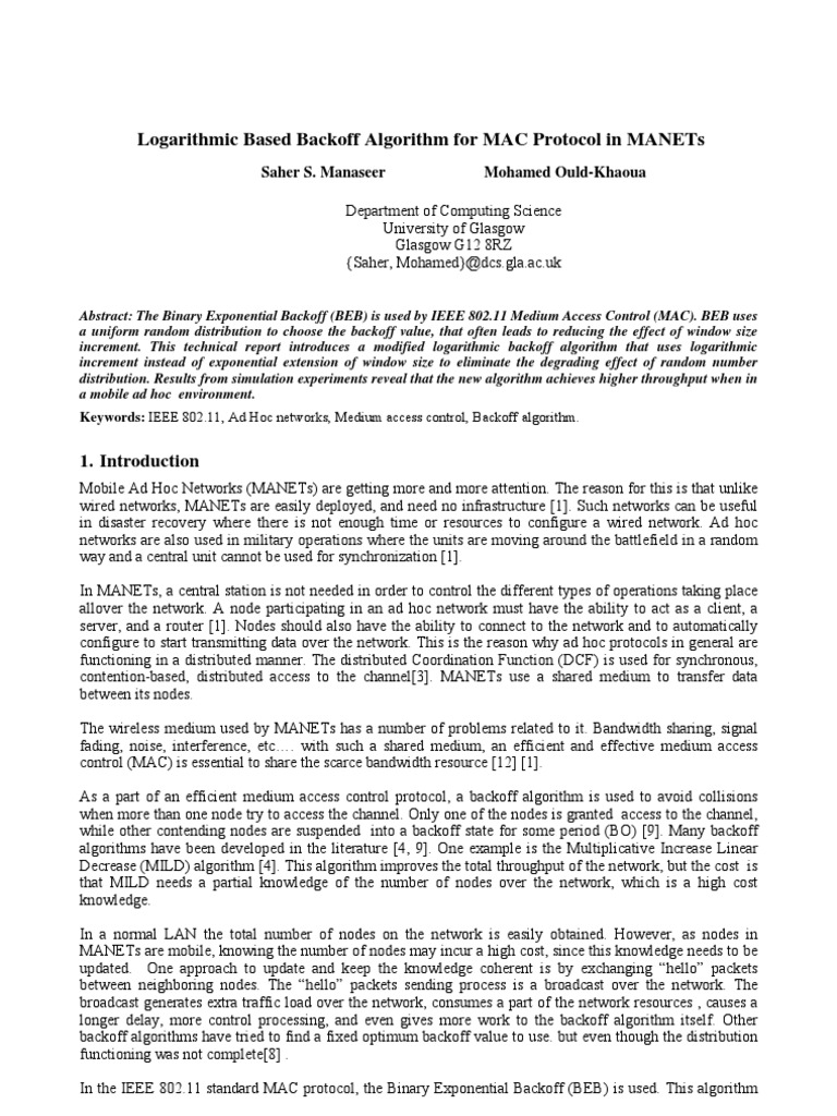 Logarithmic Based Backoff Algorithm For Mac Protocol in Manets | PDF | Wireless Ad Hoc Network ...