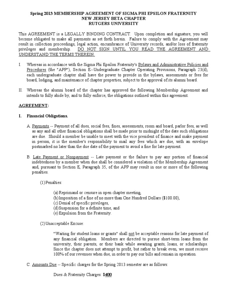 Membership Agreement | PDF | Fraternities And Sororities | Loans