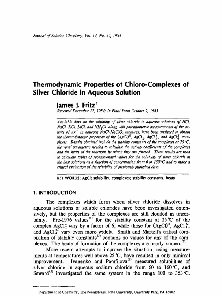 Thermodynamic Properties of Chloro-Complexes of AgCl (Aq) | PDF ...